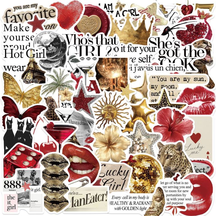 50Pcs Gold & Red Stickers Y2k Lucky Girl Decals For Phone Laptop ...