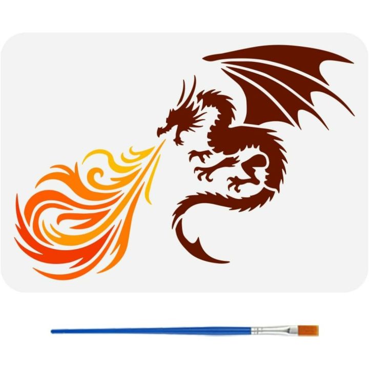 Dragon Flaming Painting Stencil with 1Pc Plastic Paint Brush 8.3x11 ...