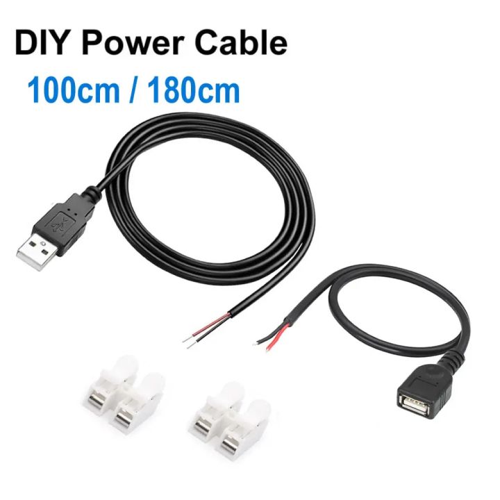 DIY USB to 2 Pin Bare Wire Open End Power Cable, 5V USB Male Female ...