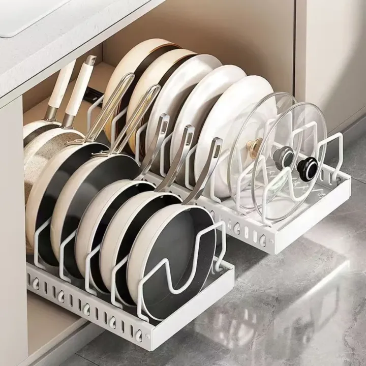 Kitchen Pull-Out Pot Rack Adjustable Cupboard Trays Dishes Partition ...