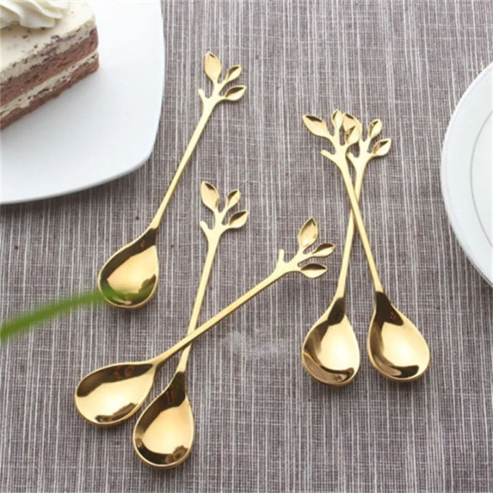 6PCS Creative Personality Stainless Steel Gold Spoons Tree Leaf Spoon ...