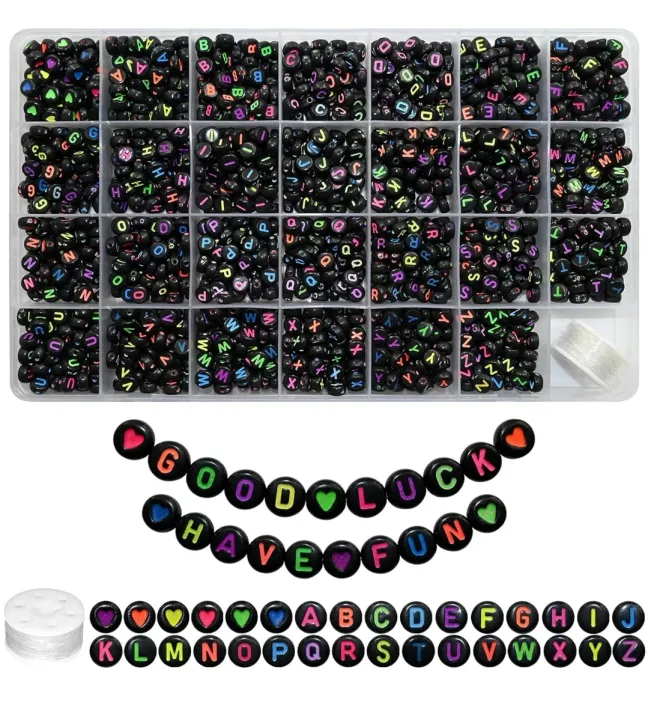 780pcs Colorful Letter Beads Round Alphabet A-Z Heart 4x7mm Black ...