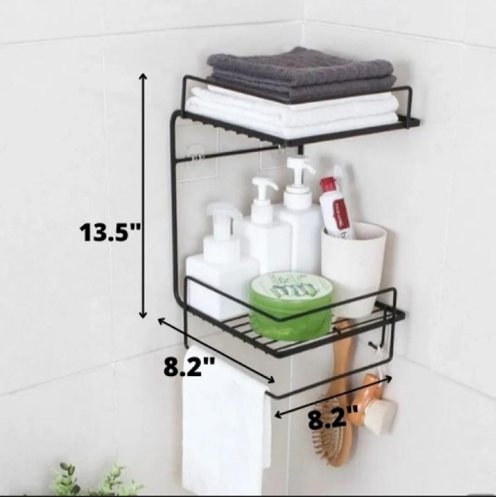 Two tier Corner wall hanging shelf Organizer Rack with 6 hooks and ...