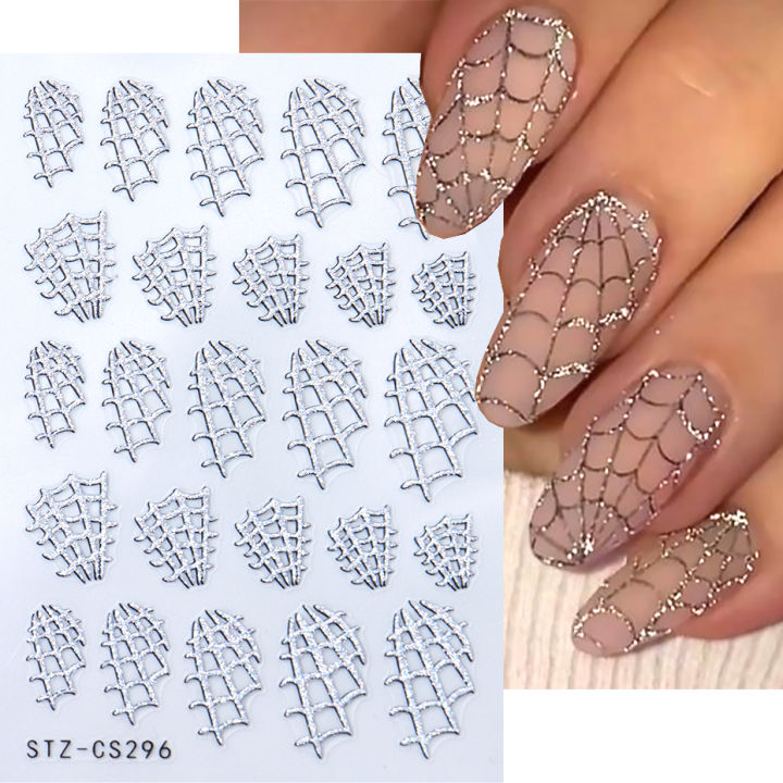 Spider Web Silver Glitter Nail Art Stickers Decals Self-Adhesive Spider ...