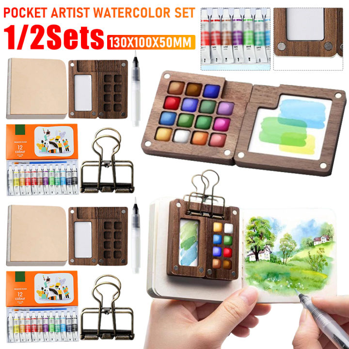1/2SET Mini Travel Paint Palette With Clip And Watercolor Pocket 8/15 ...