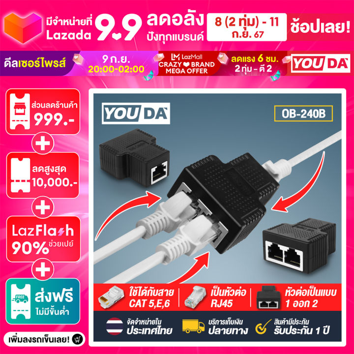 Youda 1 out to 2 LAN cable connectors (one by one) RJ45 Cat6 CAT5e OB ...