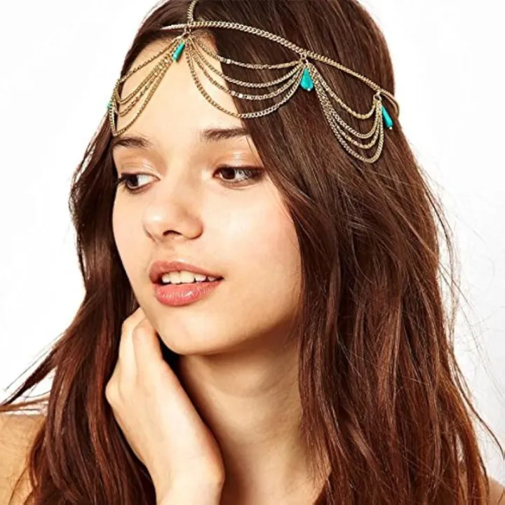 Turquoise Head Chain Unique Jewelry Headband Boho Tassel Chain Hair ...
