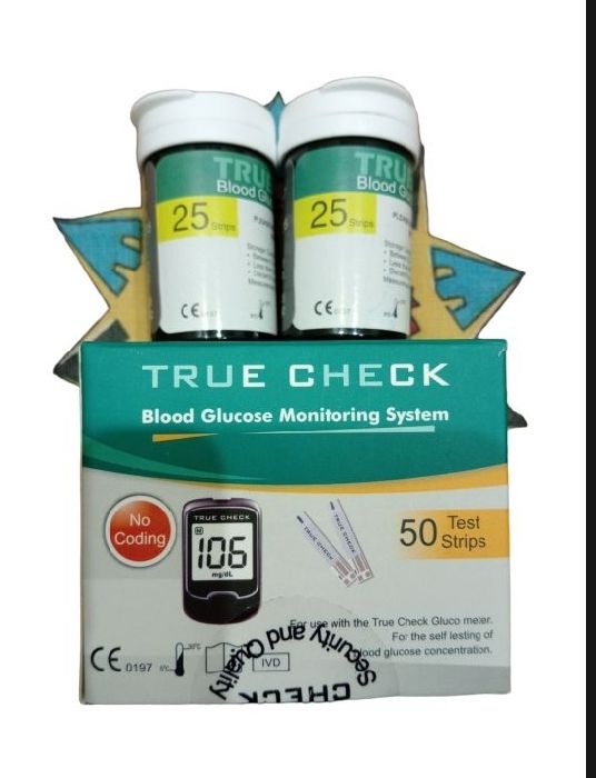 TRUE CHECK GLUCOMETER SUGAR TESTING STRIPS 2 X 25 + 20 ALCOHAL SWABS ...