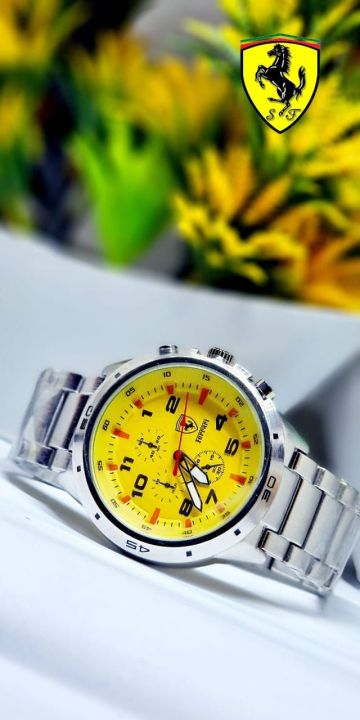 FERRARI Silver Chain Strap Yellow Dial Chronograph Quartz Watch for Men ...