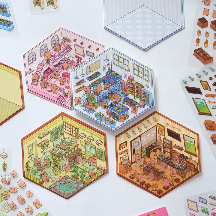 2pcs Cartoon Miniature Scene 3D Landscaping Stickers DIY Cabin Scene ...