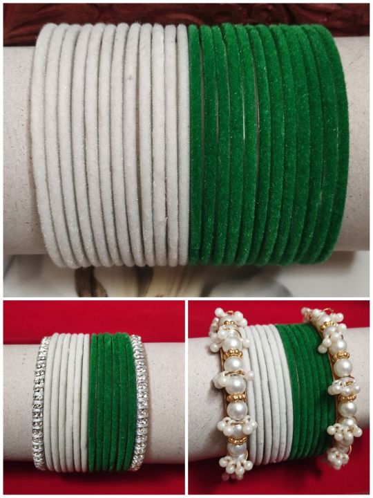 14 August Independence Day Special | Green & White Velvet Coated Glass Bangles Set | 3 Stylish ...