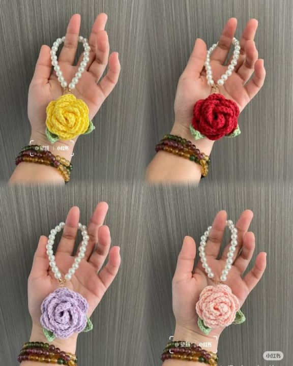 pretty crochet rose keychain, handmade crochet rose keychain, phone ...