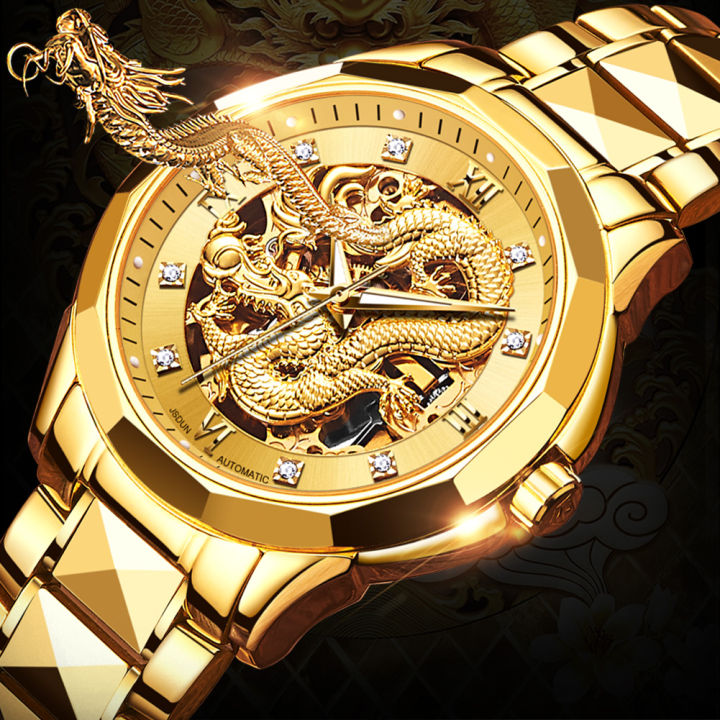 JSDUN Gold 3D Dragon Dial Watch For Men Luxury Brand Automatic ...