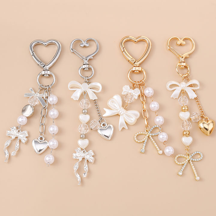 Beautiful Bowknot Love Heart Keychain Crystal Pearl Key Ring Pendants ...