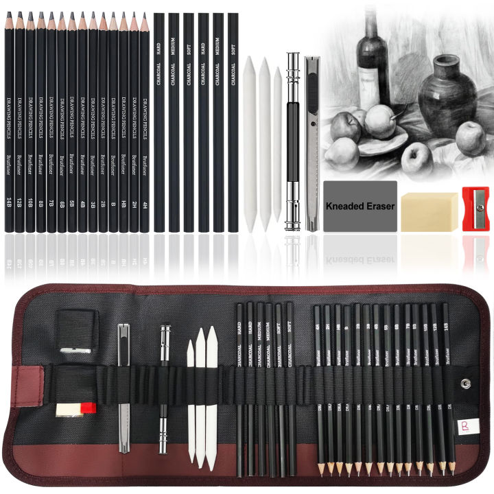 29Pcs Drawing Kit Sketching Pencils Set,Portable Pen Curtain-Charcoal ...