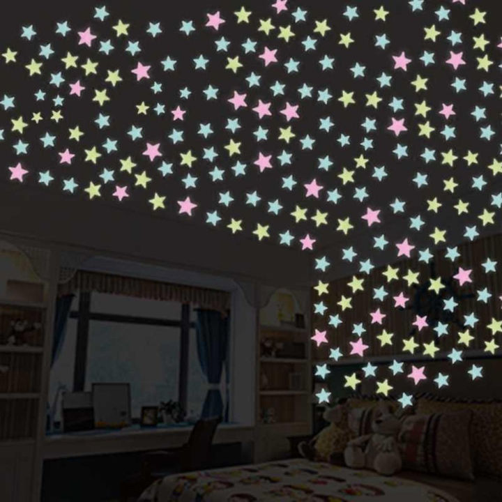 100 Pieces Stars Wall Stickers 3D Fluorescent Glow in Dark Plastic ...