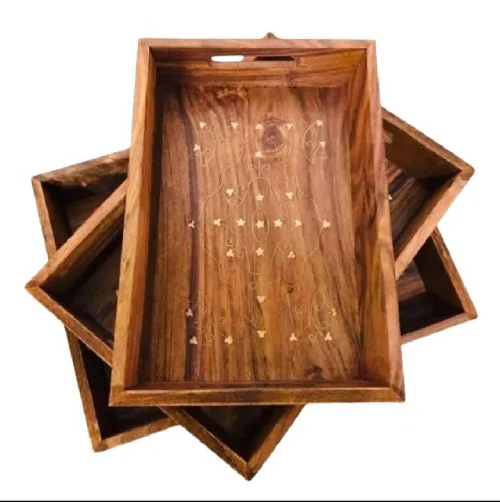 Carved Wooden Serving Tray Set of 3 | Handcrafted Decorative Trays for ...