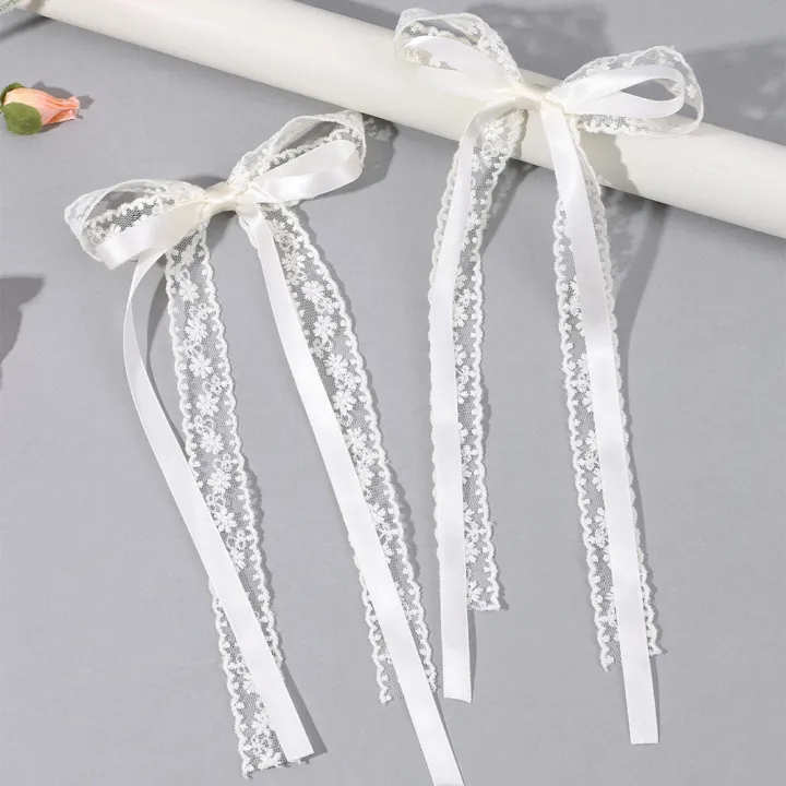 2Pcs White Lace Bow Hair Clips Flower Embroidery Long Ribbon Hairpins ...