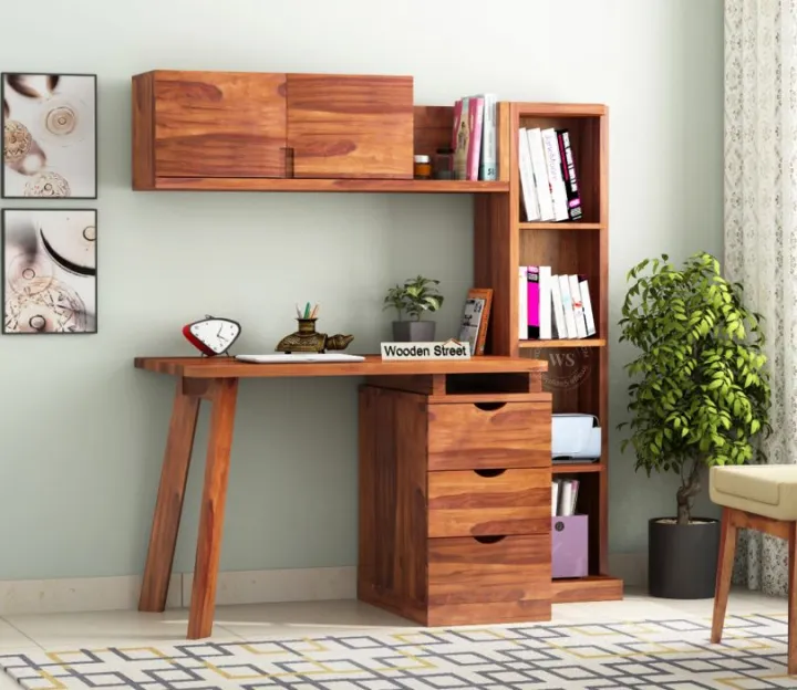 Grande Study Table With Three Drawers & Bookshelf (Honey Finish) | Daraz.pk