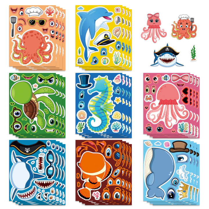 8 Sheets/pack Marine Animal Puzzle Stickers Make a Face Stickers ...