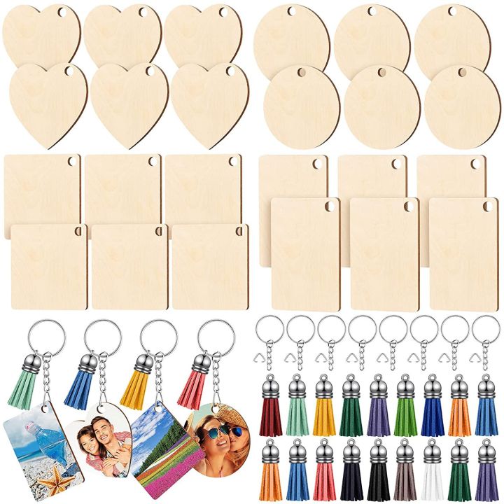 96/160PCS Unfinished Wooden Keychains Blank Sublimate Keychain Key Ring ...