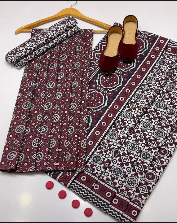 3-Piece Sindhi Ajrak Unstitched Cotton Suit for Women - Maroon ...