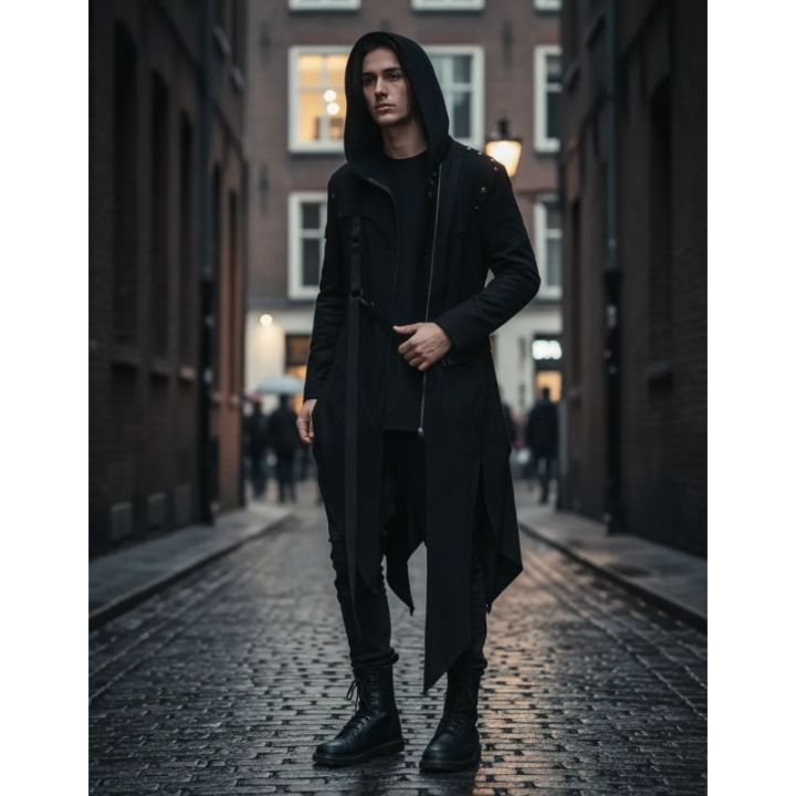 Medieval Steampunk Assassin Elves Pirate Costume Adult Men Black Long ...