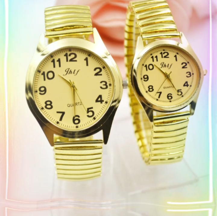 Gold-Plated Couple Quartz Watch Set Matching Couple Stretch Band Wrist ...