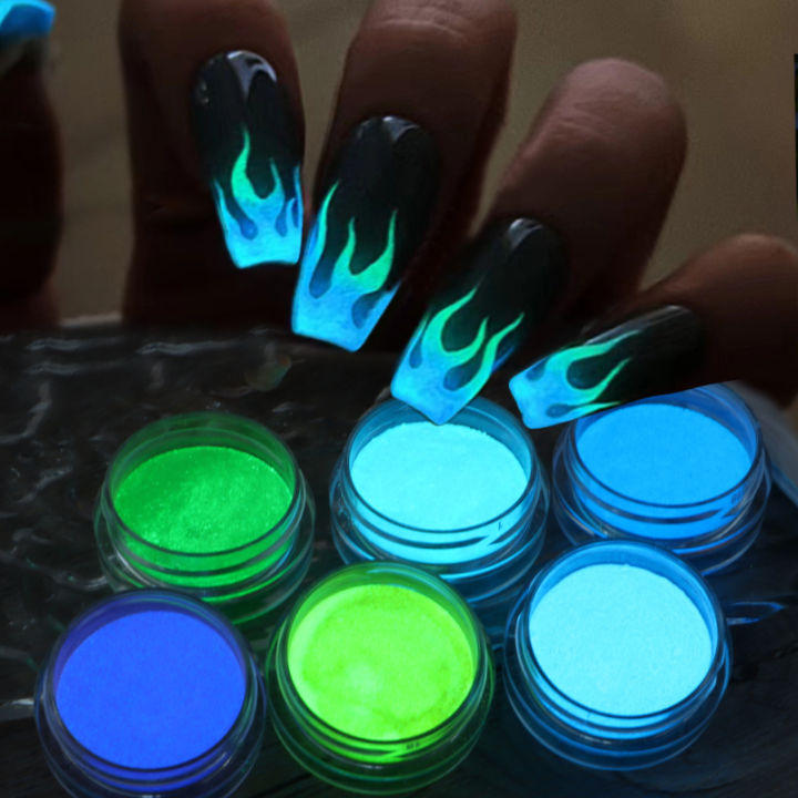6PCS/SET Luminous Nail Glitter Powder Glow In The Dark Green Orange ...