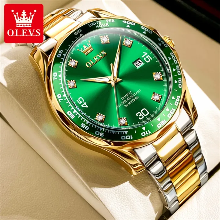 OLEVS Golden Green Quartz Watch for Men Luxury Brand Diving Waterproof ...