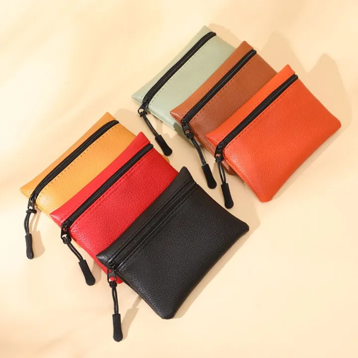 Women Men PU Leather Mini Coin Purse Unisex Zipper Solid Color Coin Key ...