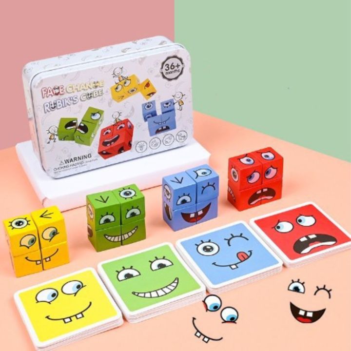Kids Face Change Expression Puzzle Building Blocks Montessori Cube ...