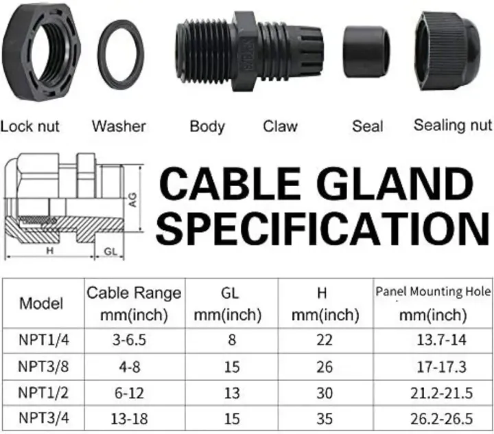 38pcs Cable Glands Joint Kit Waterproof Adjustable Nylon 1/4” 3/8” 1/2 ...