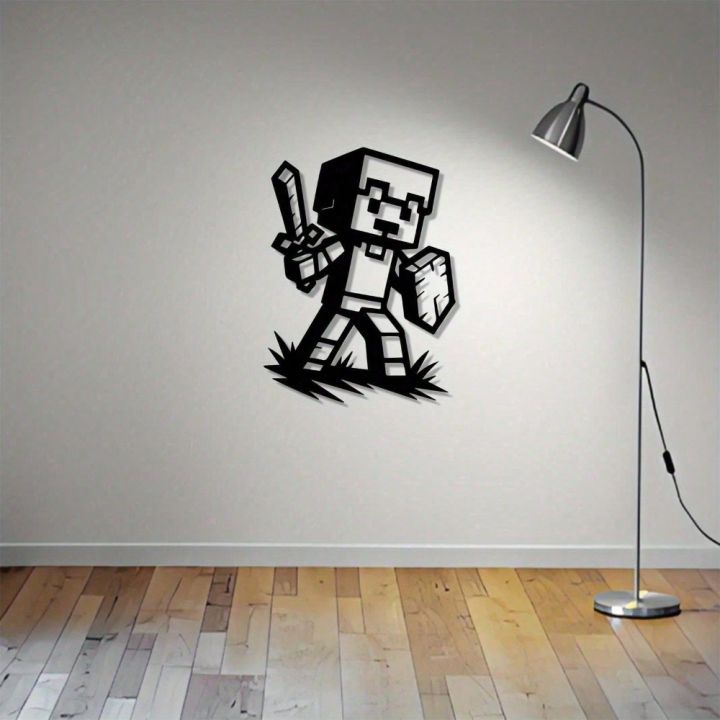 Pixel Warrior Metal Wall Art Sword Retro 8-Bit Design Black White Iron ...