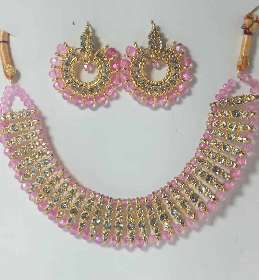 Tea pink colour artificial jewellery set of round crystal earrings and chowker neckless for girls and woman for weddngs paties and eid festivals in low price Daraz.pk