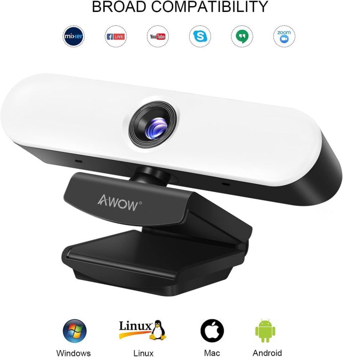 AWOW 2K Webcam with Microphone and Adjustable Brightness Light FHD ...