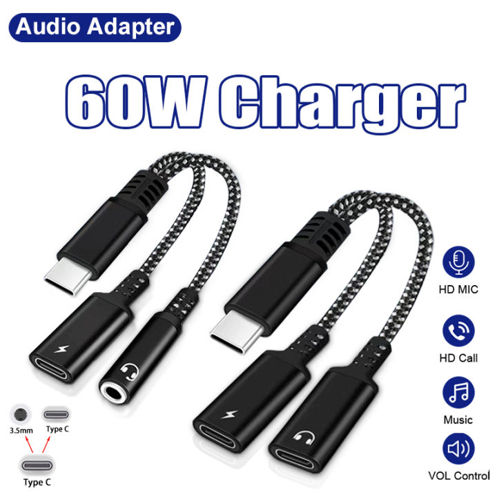 60W PD Fast Charger Cable 2 in 1 USB C Splitter Type C Headphones Jack ...