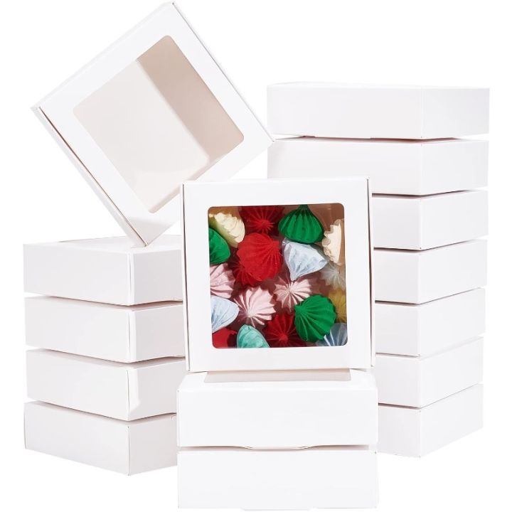 16Pack 4.2x4.2x1.2inch Clear PVC Square Window Gift Boxes White Kraft ...