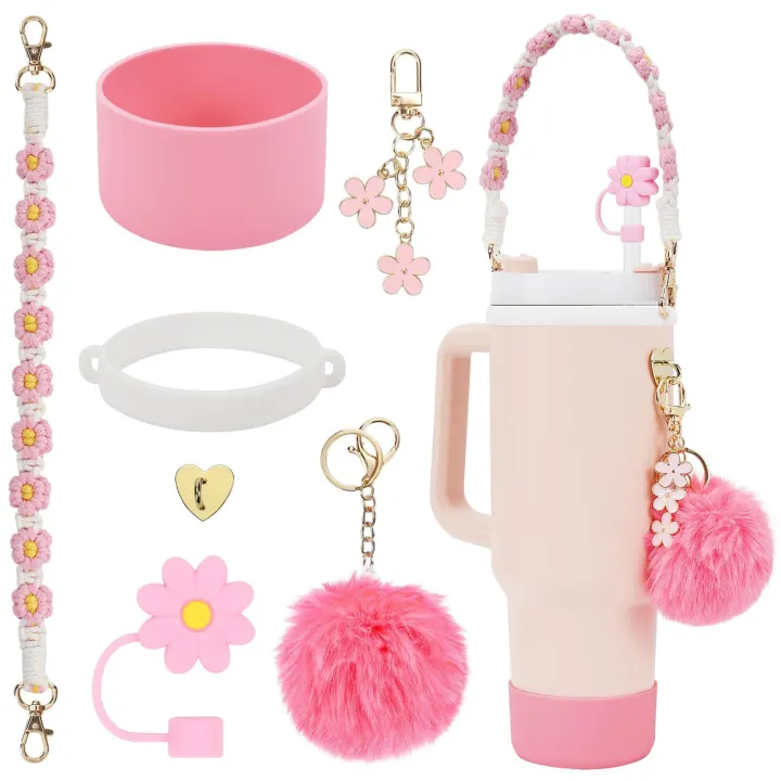7Pcs Accessory Set For Stanley Cup Pink Flower Water Bottle Handle ...