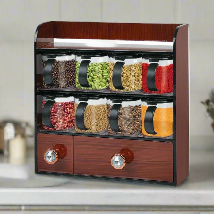 Woorden Masala Box with 6 Acrylic Jars and 6 Spoon/ Masala Box/ Masala ...