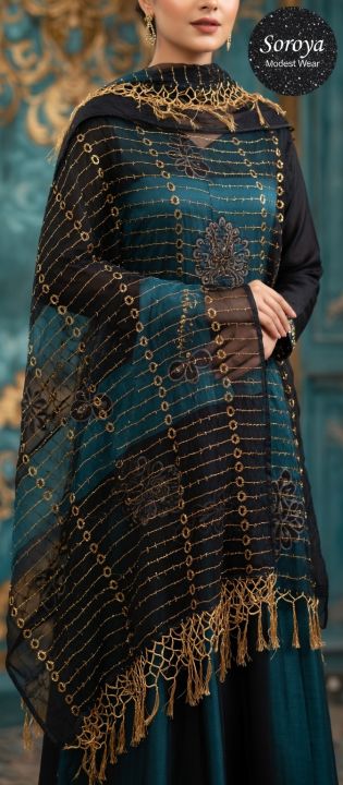 Women Fancy Black Net Dupatta 2 Gaz – Golden Thread Embroidery Party ...