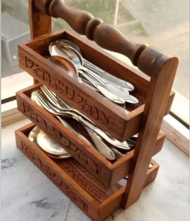 wooden spoon stand with 3 step and carving | Daraz.pk