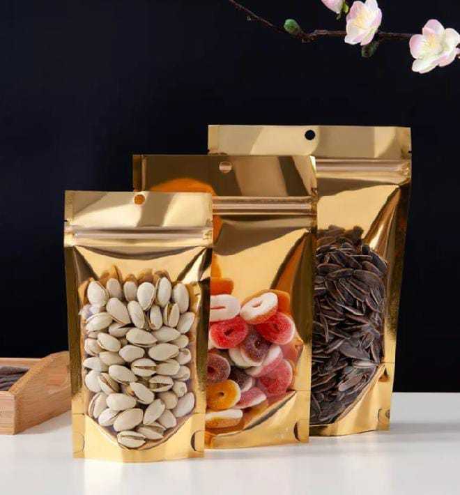 Pack of 25 pcs golden standup pouch, ziplock standup pouch bags front ...