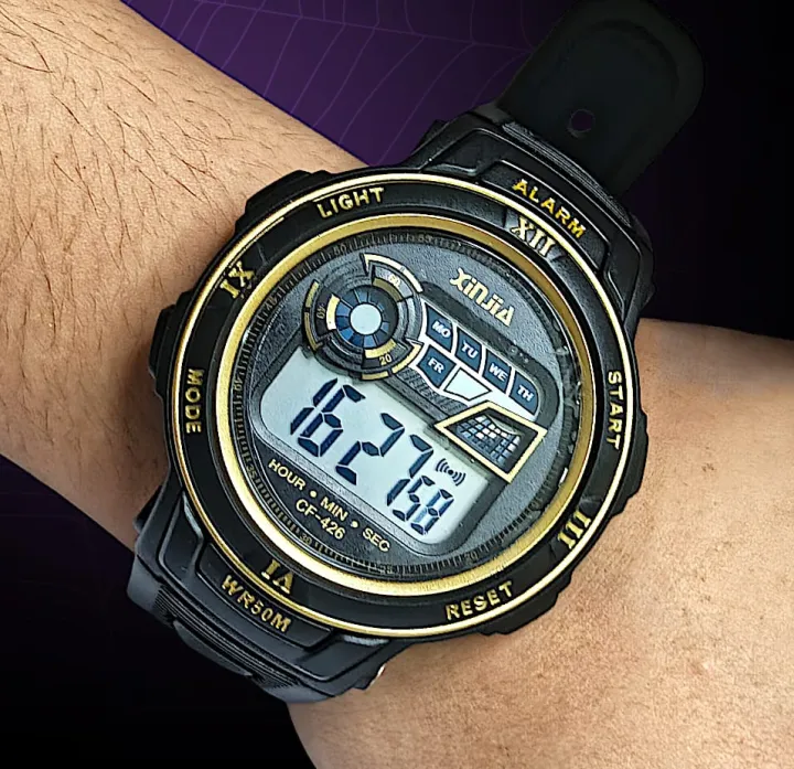 New Mens Water Resistant Digital Sports Watch High Quality Black & Gold ...