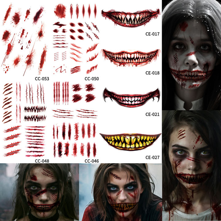 8Pcs Halloween Horror Temporary Tattoo Stickers, Scar Fang, Long ...