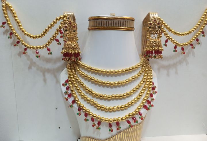 Handmade 5 Layer Gold Beaded Mala Necklace with Bridal Jhumki & Saharay ...