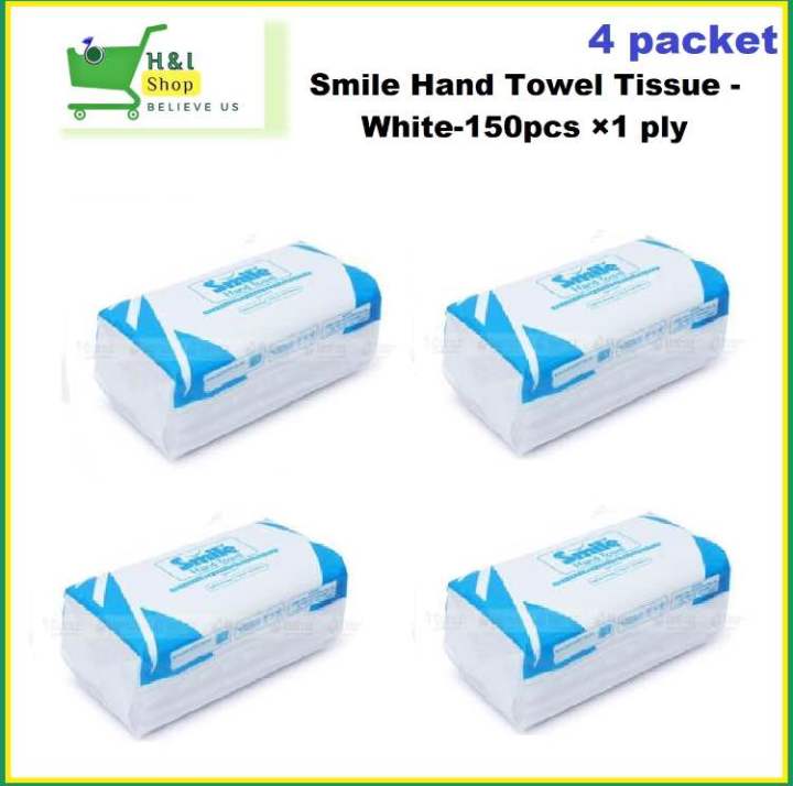 Smile Hand Towel Tissue - White-150pcs ×1 ply Smile Tissue pack of 4 ...