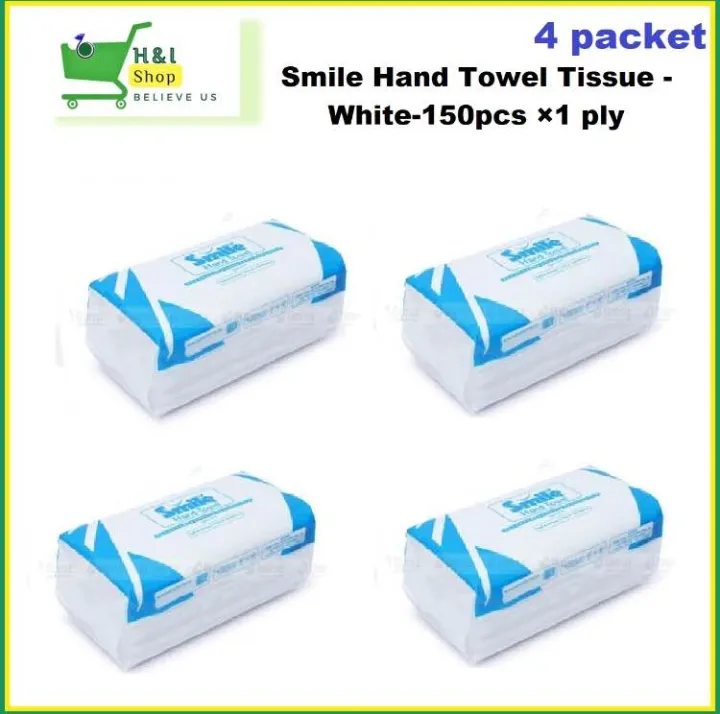 Smile Hand Towel Tissue - White-150pcs ×1 ply Smile Tissue pack of 4 ...