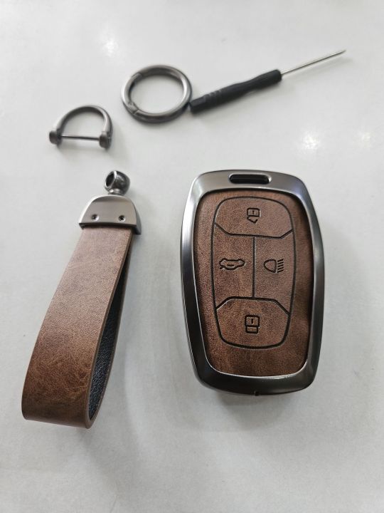 Metal Shell Key Cover With Brown Strap and Key Ring for Tata Nexon ...