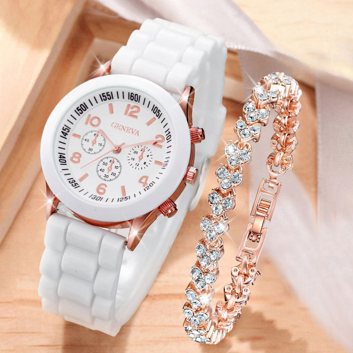 2PCS/Set Watch for girls Silicone Band Women Watches Rhinestone Heart ...